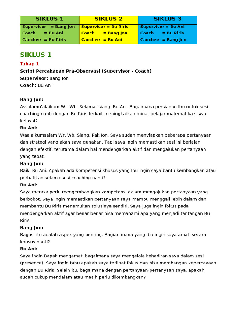 Script Coaching - Siklus 1 | PDF