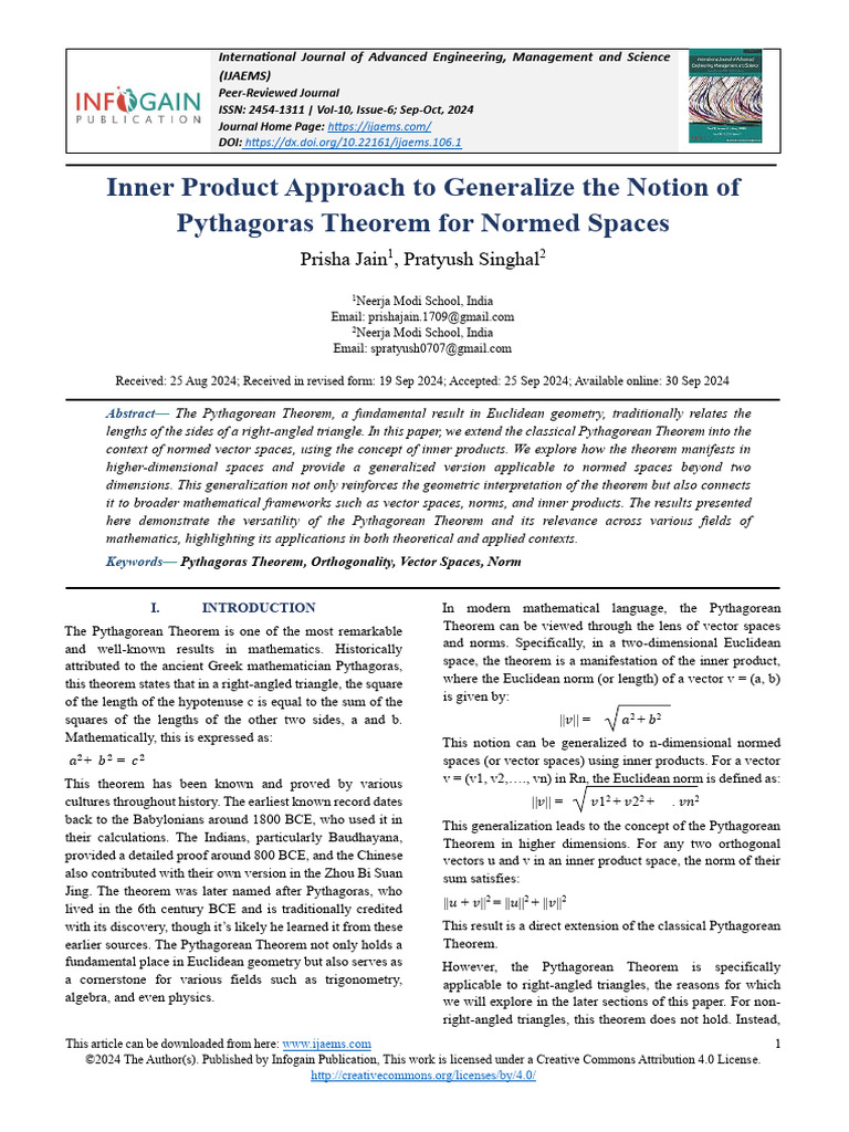 Inner Product Approach To Generalize The Notion of Pythagoras Theorem For Normed Spaces | PDF ...