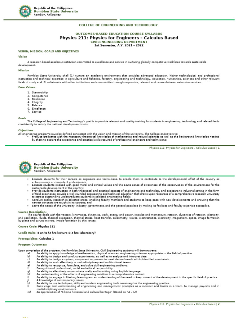 Phyiscs 211 - Physics For Engineers - Calculus Based | PDF
