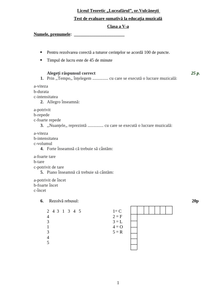 Test de Evaluare Sumativă Ed - Muzicala - cl.5 | PDF