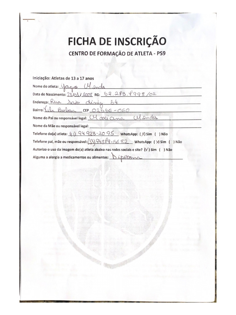 Ficha de Inscrição | PDF