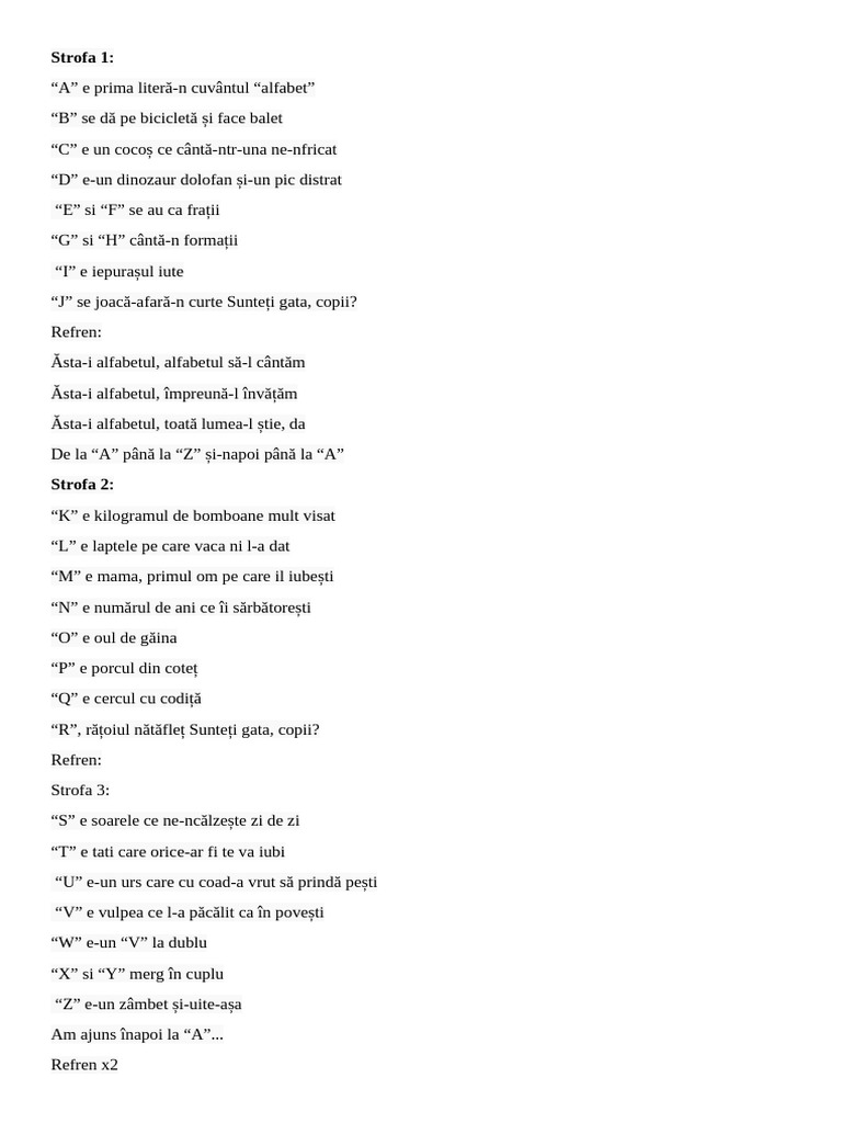 Cantecul Alfabetului Versuri | PDF