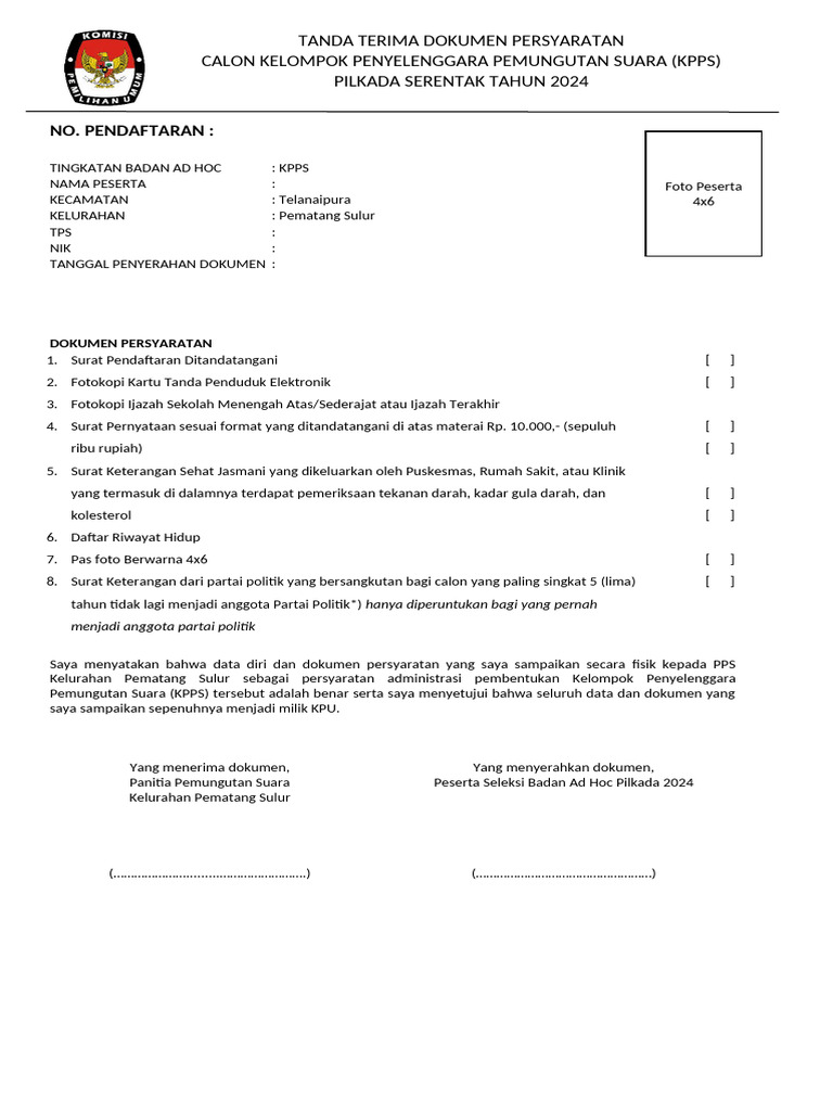 Tanda Terima Dokumen Kpps | PDF