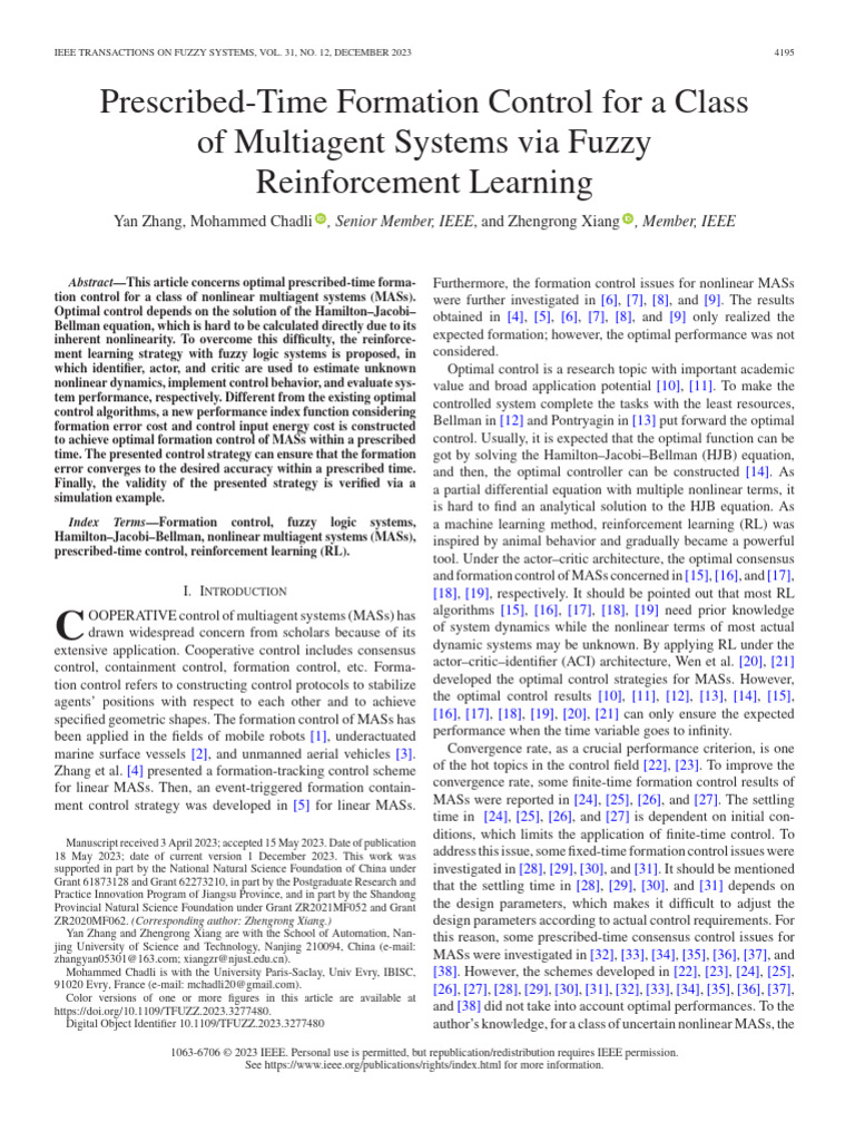 Prescribed-Time Formation Control For A Class of Multiagent Systems Via Fuzzy Reinforcement ...
