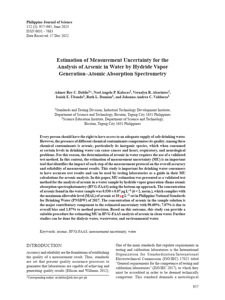 Estimation of Measurement Uncertainty For The Analysis of Arsenic in Water | PDF