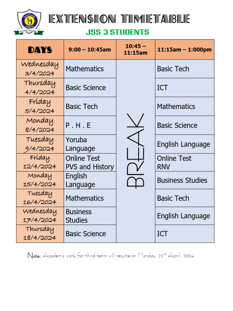 JSS 3 Extension Timetable - 030119 | PDF