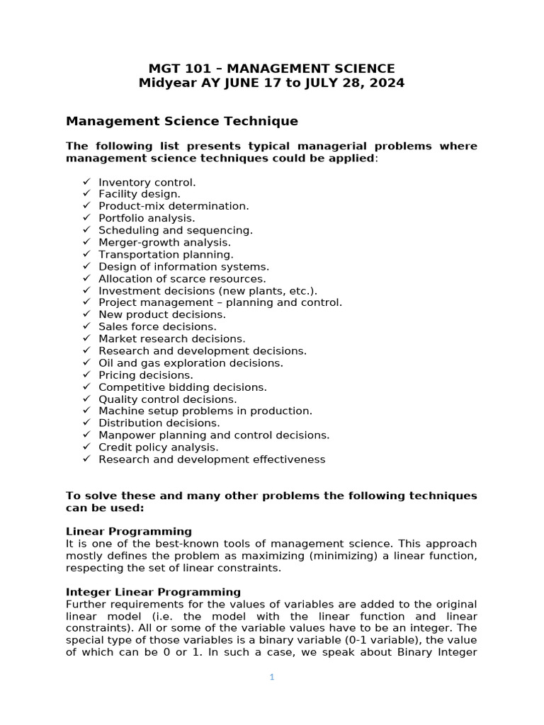 Management Science Techniques 2 | PDF