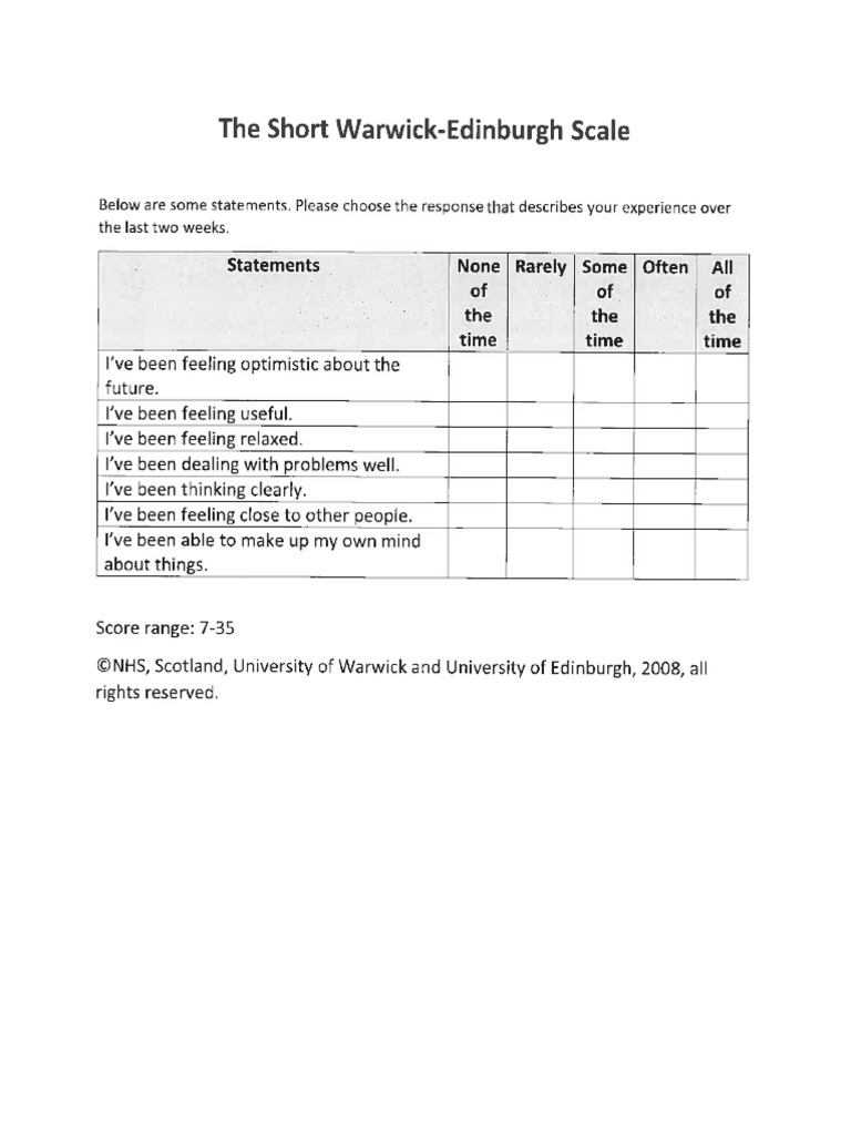 Seven Item Warwick-Edinburgh Scale | PDF