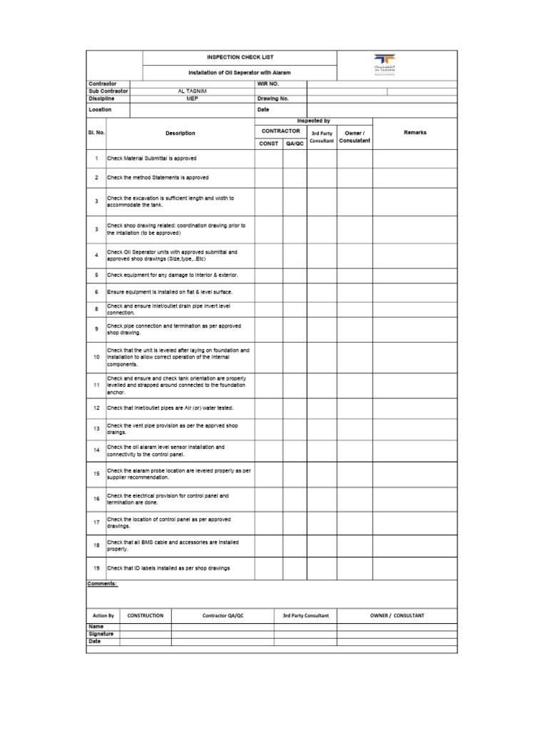 Checklist For Installation of Oil Seperator | PDF