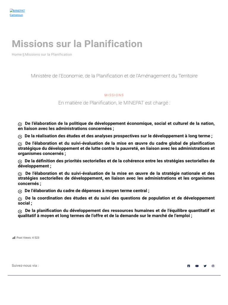 Missions Sur La Planification - MINEPAT Cameroun | PDF