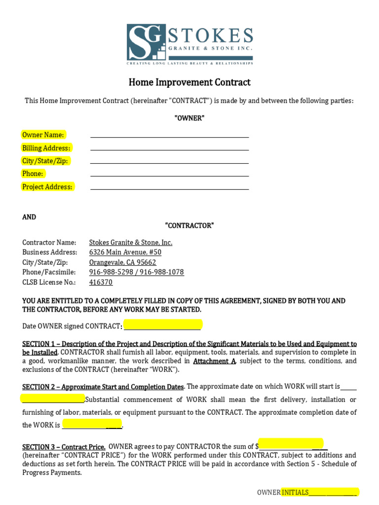 Stokes Granite Home Improvement Contract | PDF | Employment | Lien