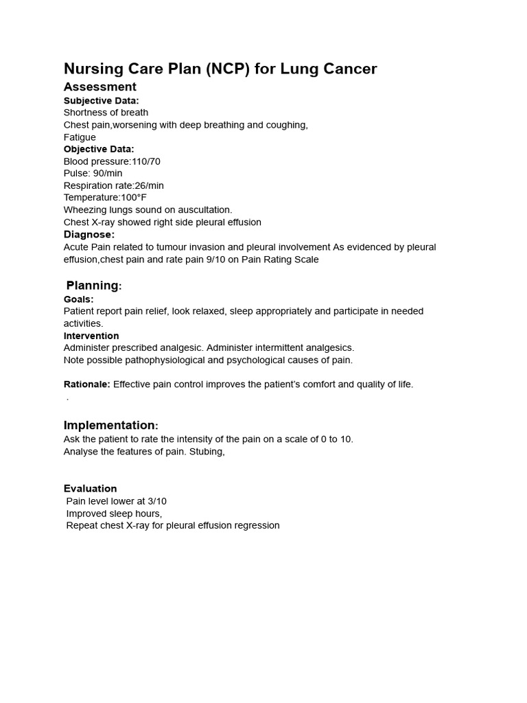 Nursing Care Plan (NCP) For Lung Cancer: Assessment | PDF | Science ...