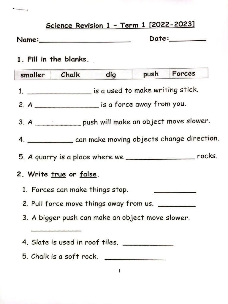 Science Revision-Term 1 - Grade 1 | PDF