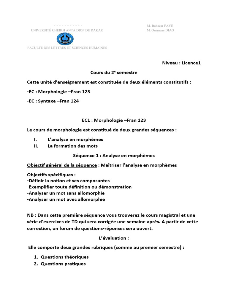 Cours L1 LM 2e S - 2020-Section 1 - Analyse en Morphèmes | PDF