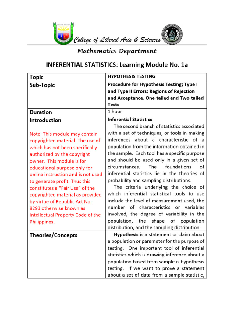 2023 Inferential Statistics LM1a | PDF