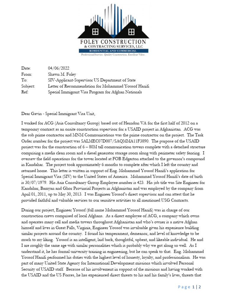 Letter of Recommendation For Engineer Yousof.. | PDF