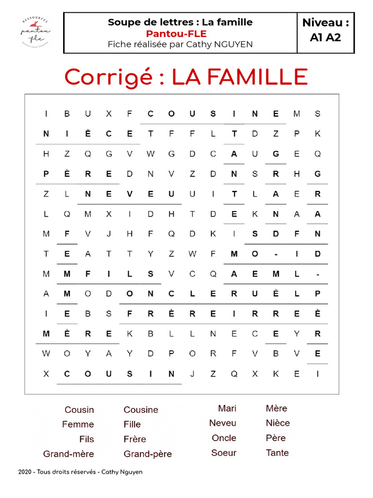 Corrigé A1 Mots Mêlés - La Famille | PDF