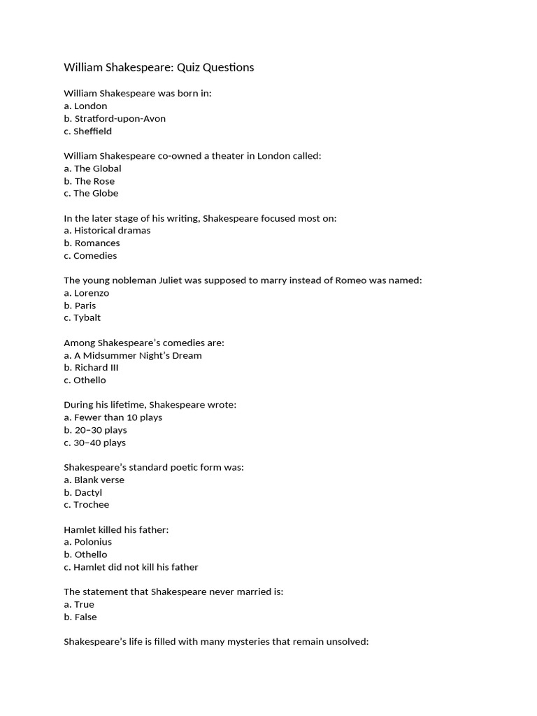 William Shakespeare - Quiz Questions | PDF