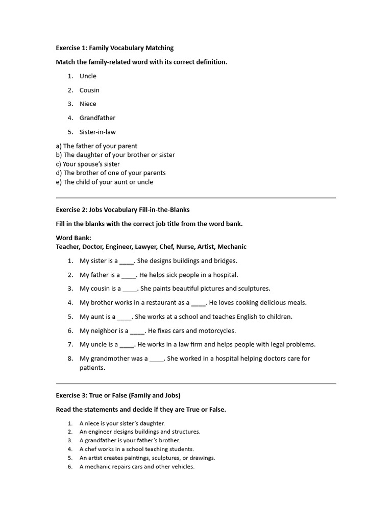 FICHA 4. Vocabulary Family and Jobs | PDF