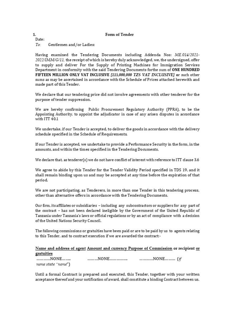 Form of Tender-Imm | PDF