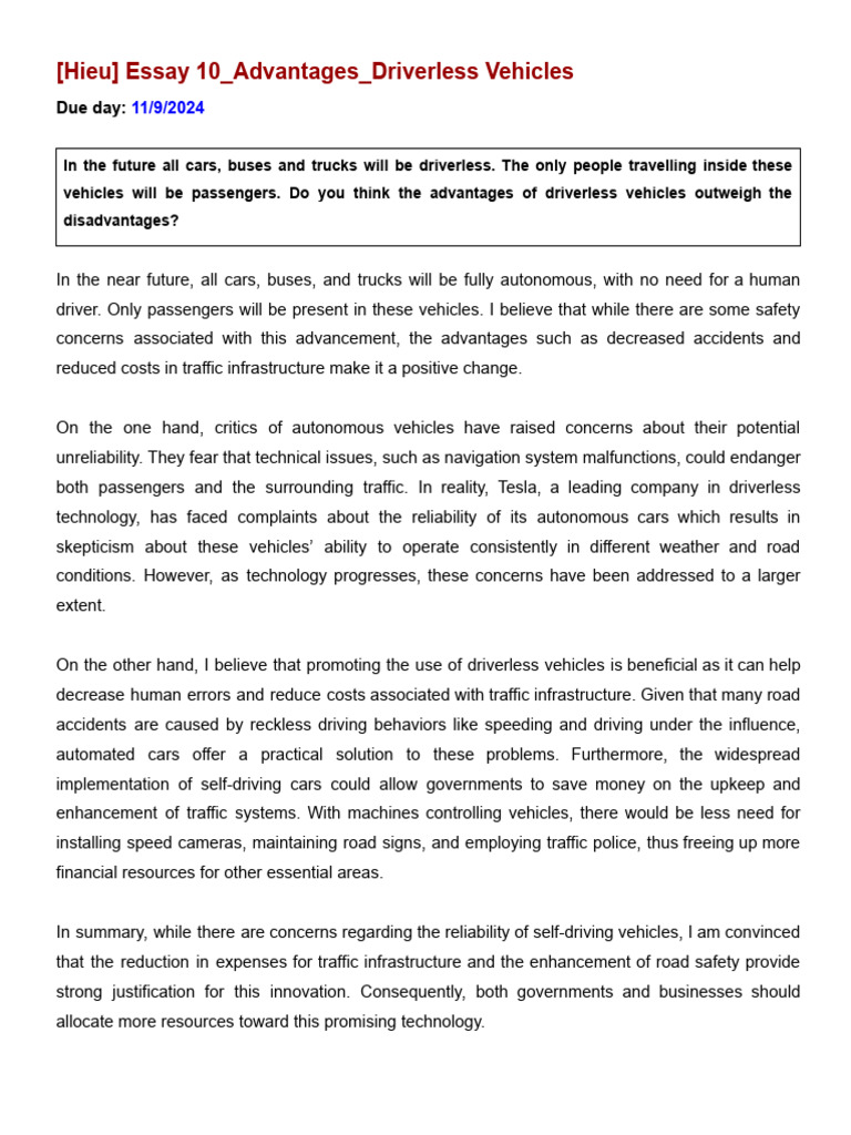 (Hieu) Essay 10 - Advantages - Driverless Vehicles | PDF