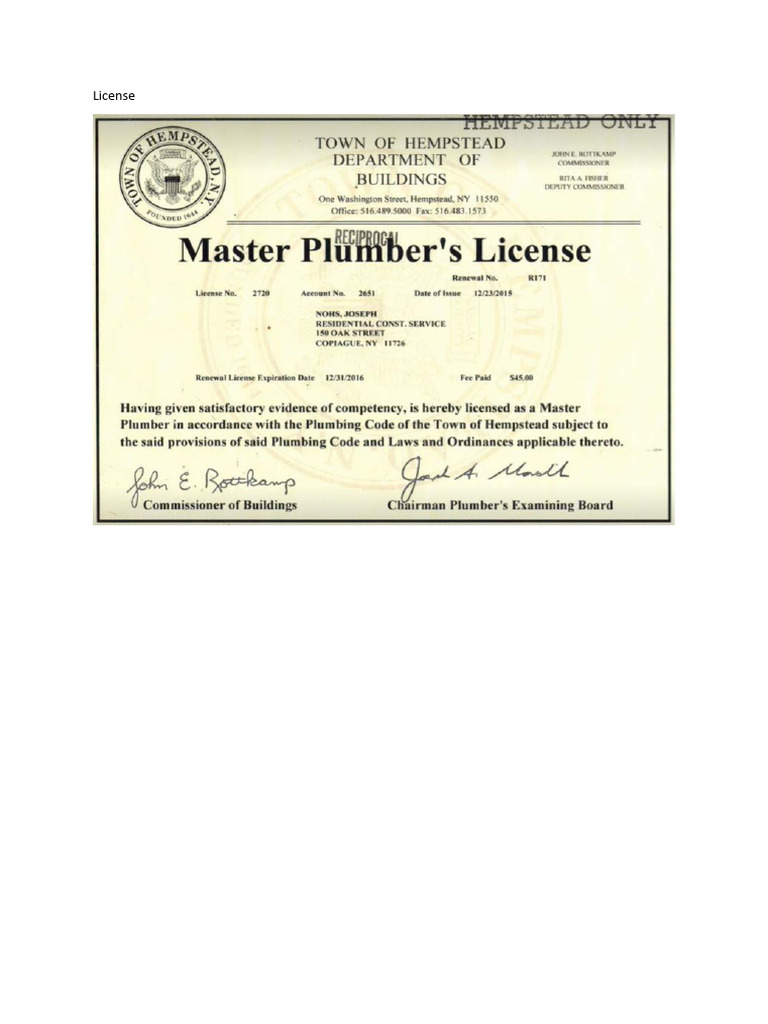 Large Plumber License Certificate | PDF