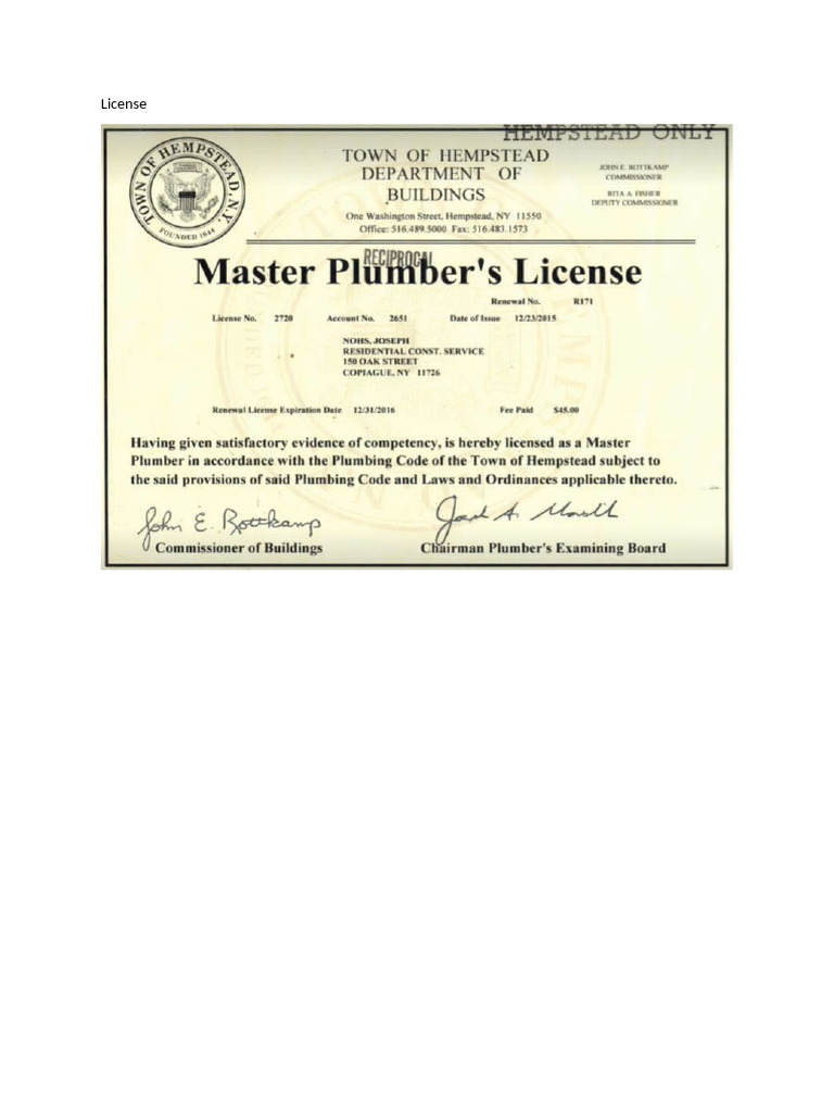 Plumber License - Sample | PDF