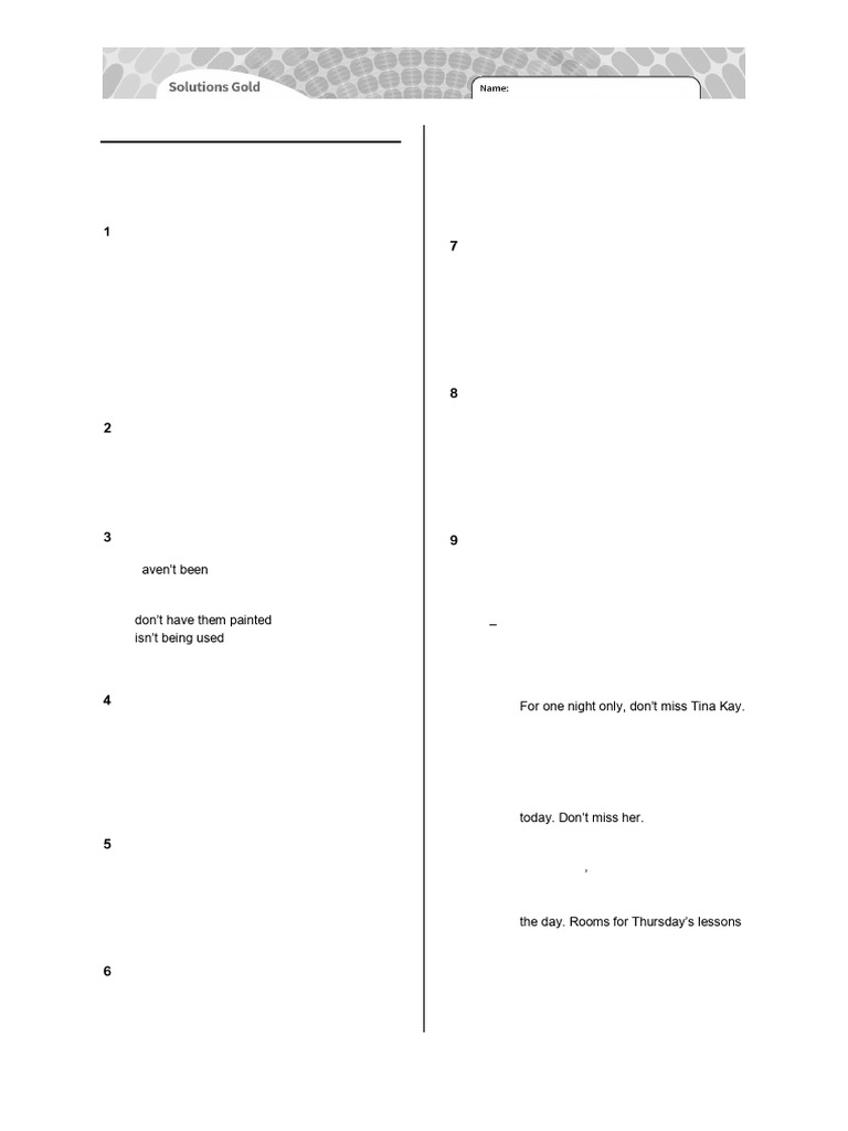 Sol Gold Int Progress Test Unit 7A Answer Key | PDF Sol Gold Int Progress Test Unit 7A Answer Key | PDF