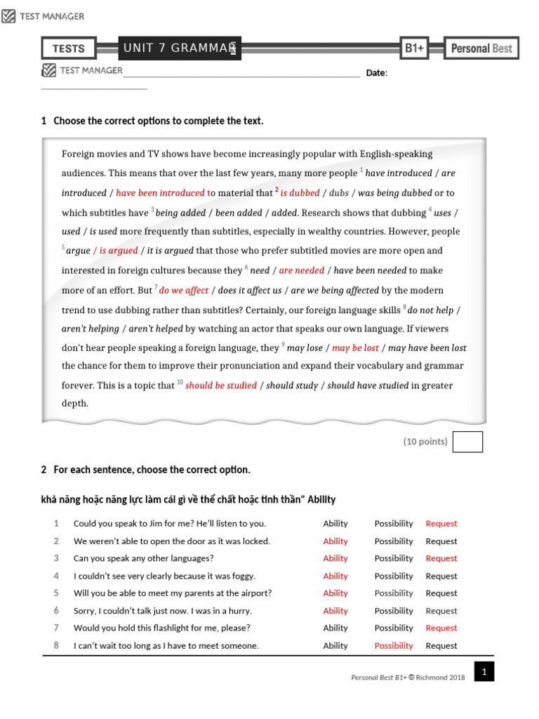 Personal Best B1+ Unit 7 Grammar Test | PDF