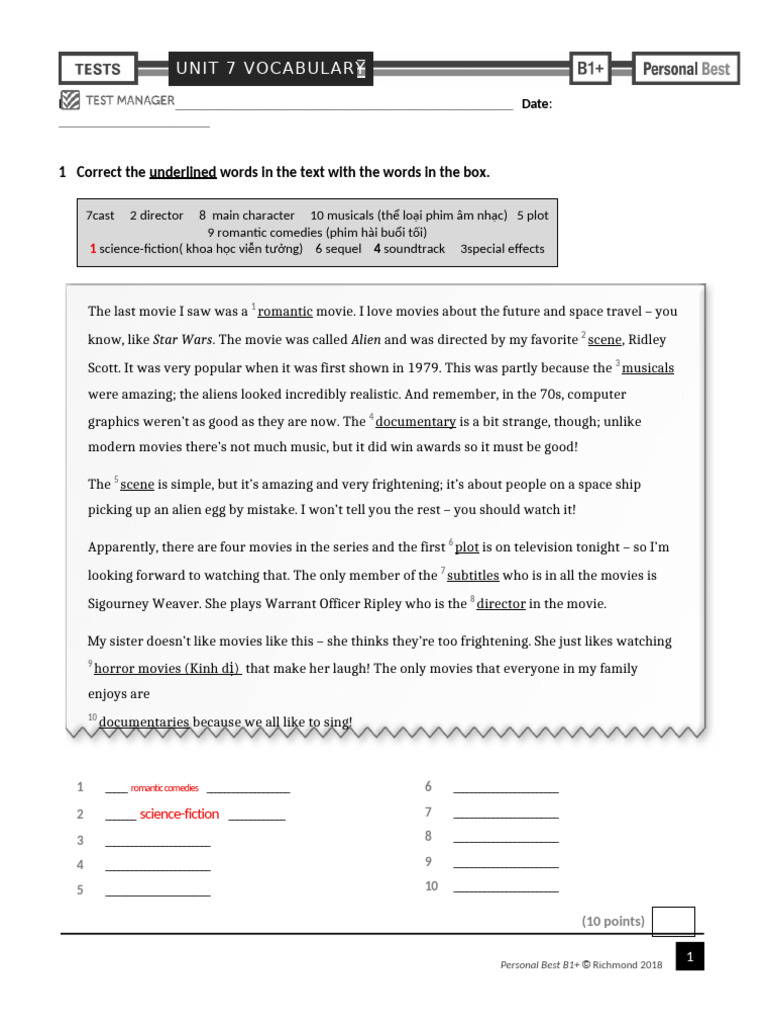 Personal Best B1+ Unit 7 Vocab Test | PDF
