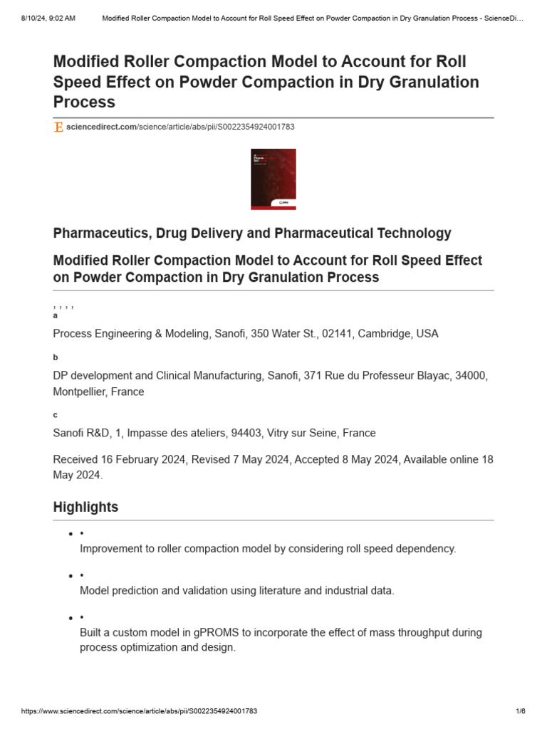 Modified Roller Compaction Model To Account For Roll Speed Effect On Powder Compaction In Dry