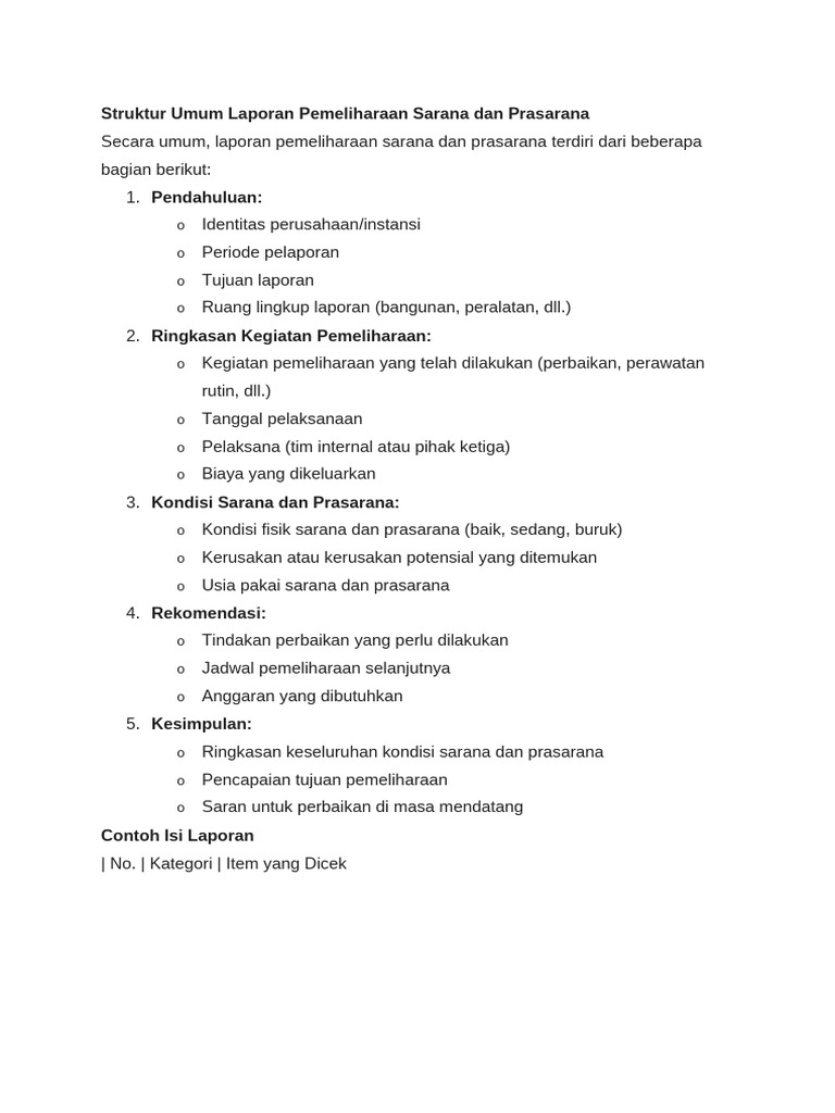 Contoh Laporan Pemelihraan Sarana Dan Prasarana | PDF