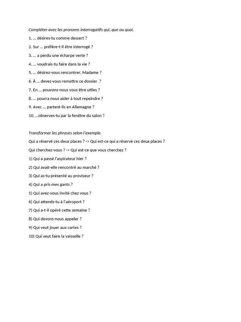 Exercices Pronoms Interrogatifs | PDF