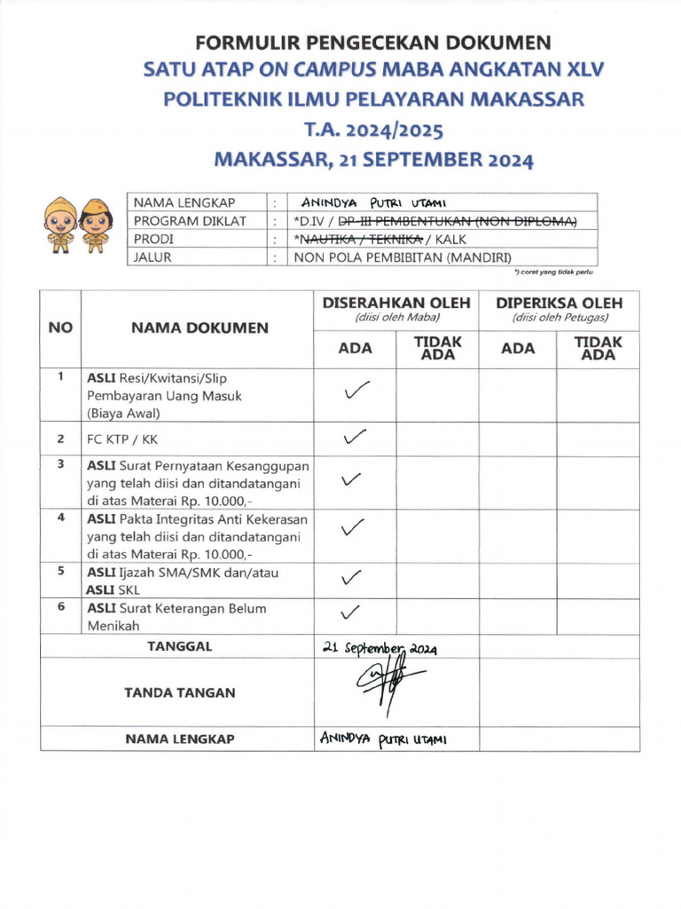 Contoh Pengisian Dokumen Mahasiswa Angkatan XLV | PDF