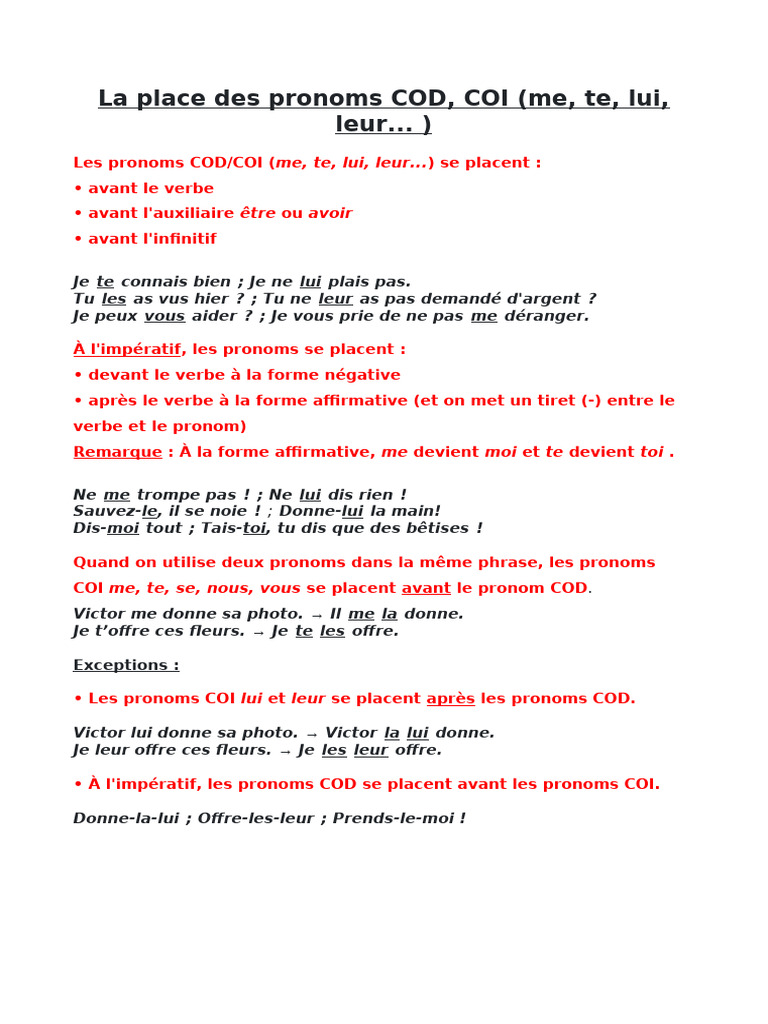 La Place Des Pronoms COD - COI Et Toniques - Grammaire | PDF