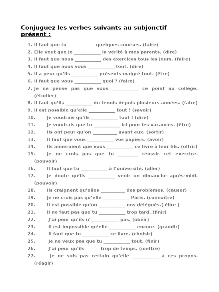 Exercice Subjonctif Présent 50 Phrases - Conjuguez Les Verbes | PDF