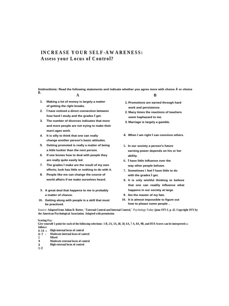 Increase Your Self-Awareness: Assessyourlocusofcontrol?: Instructions ...