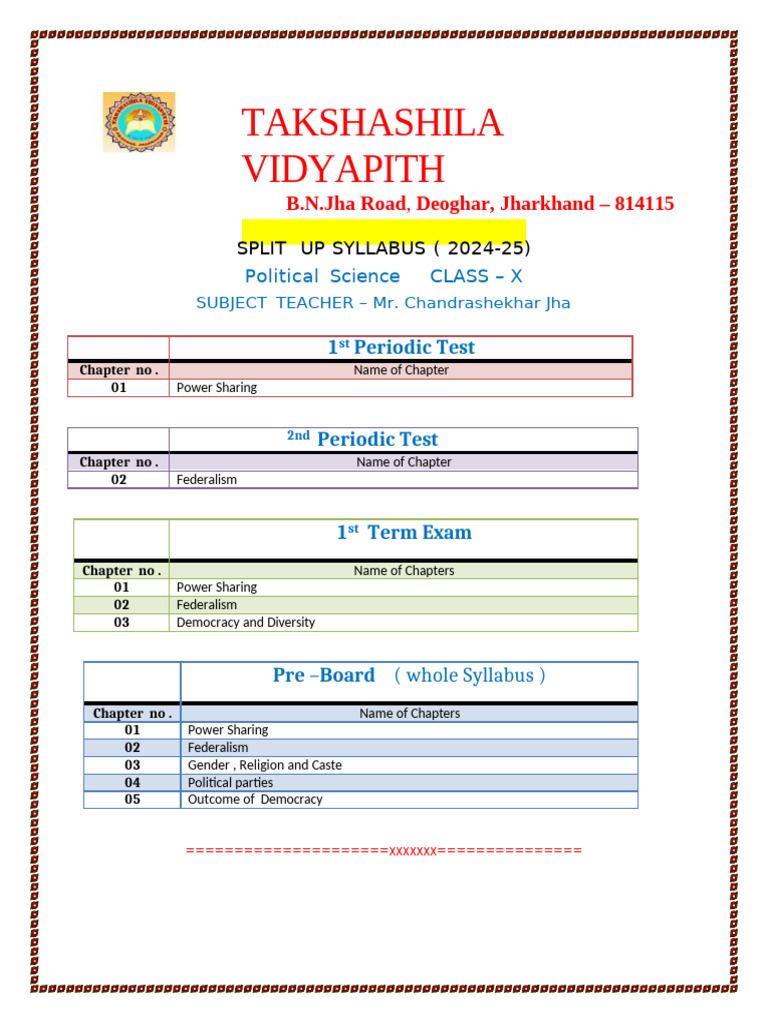 Split Up Syllabus - X - Political Science (2024-25) | PDF