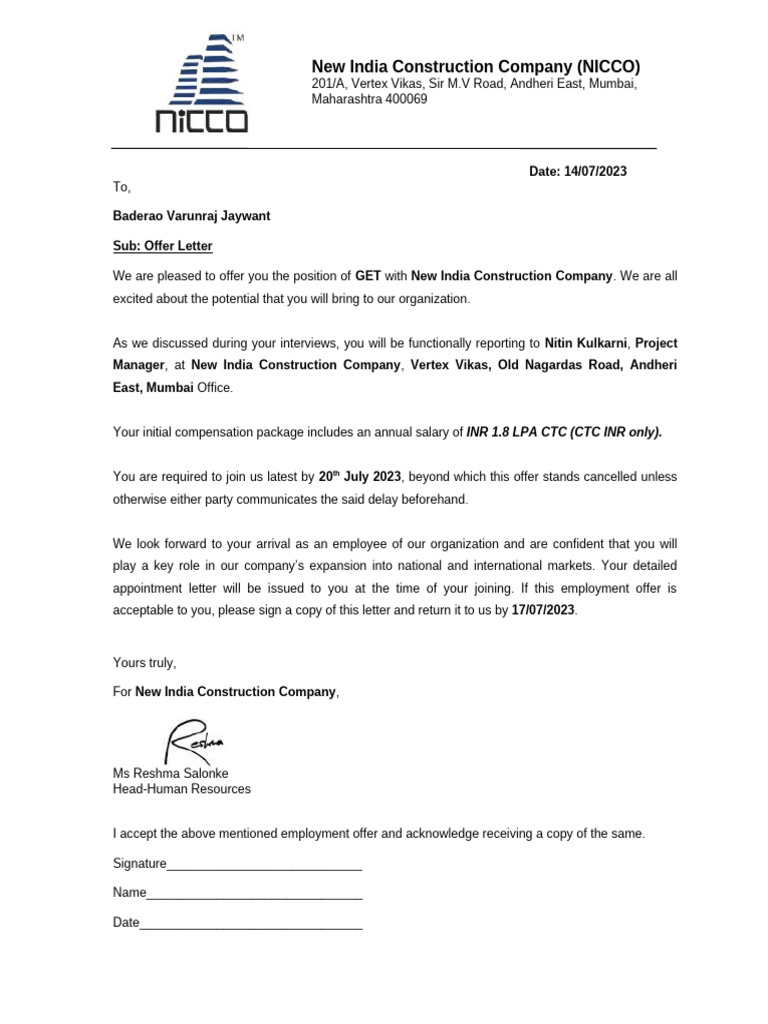 NICCO Offer Letter | PDF