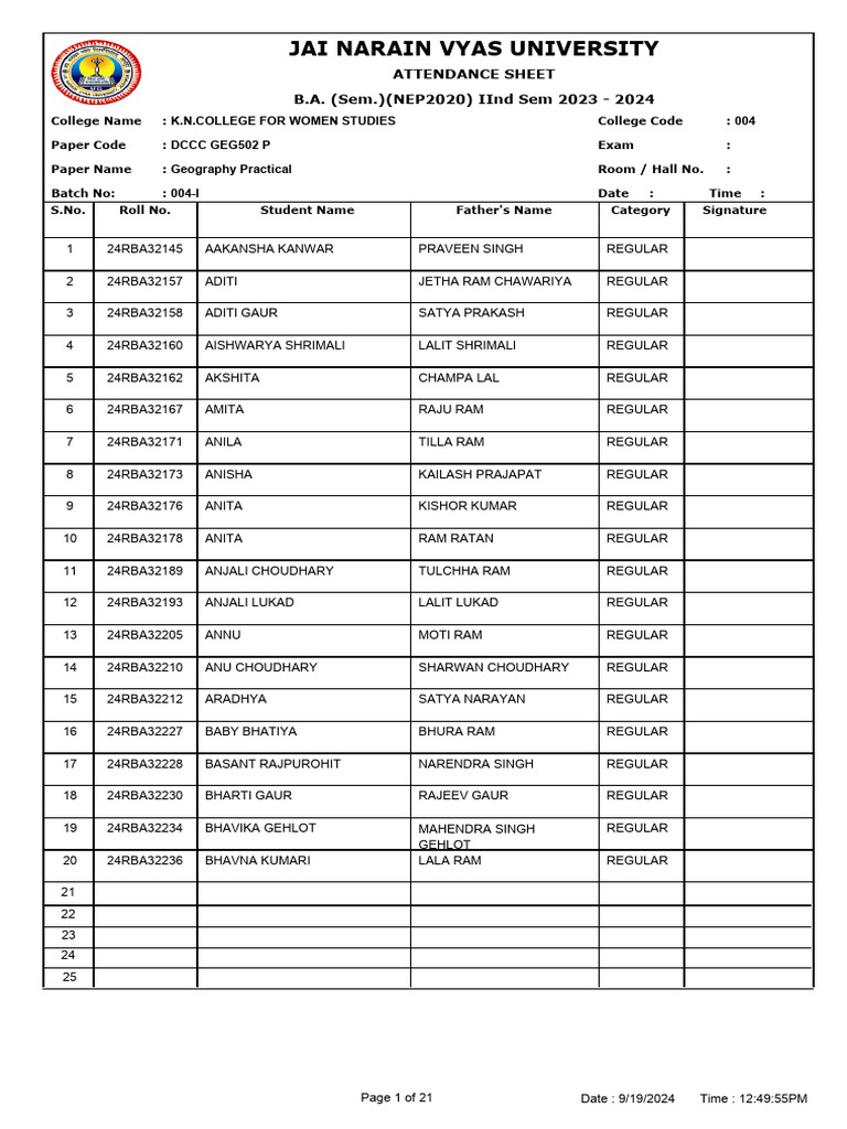 Attendance Sheet With Batch | PDF