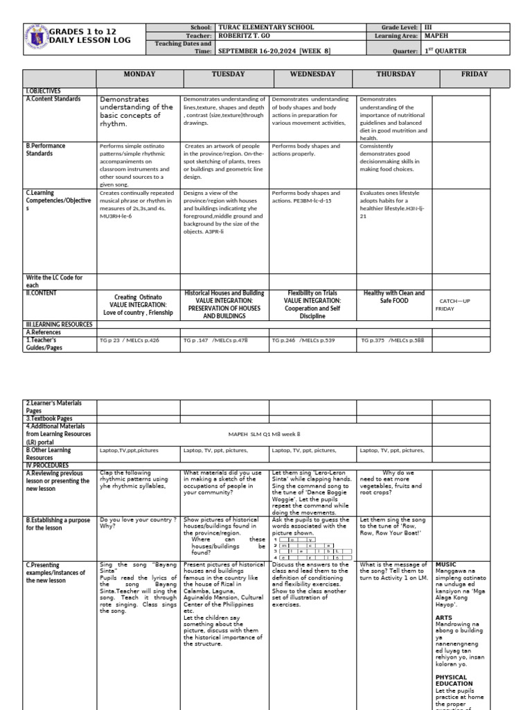 DLL Mapeh-3 Q1 W8 | PDF