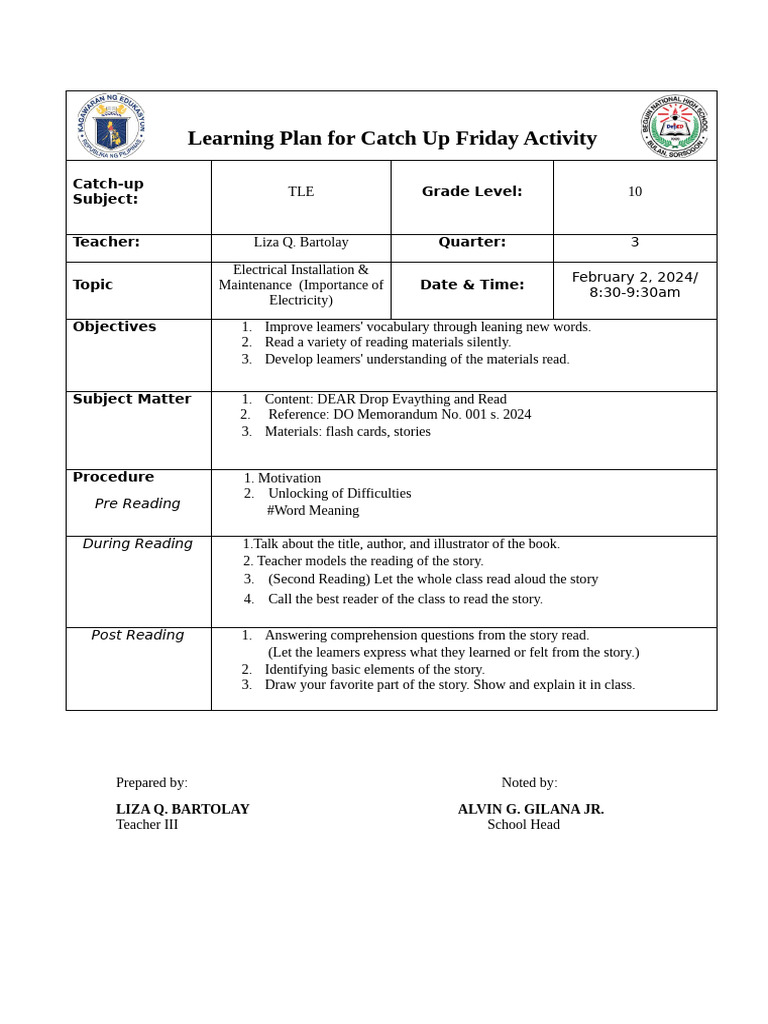 Learning Plan For Catch Up Friday Activity | PDF
