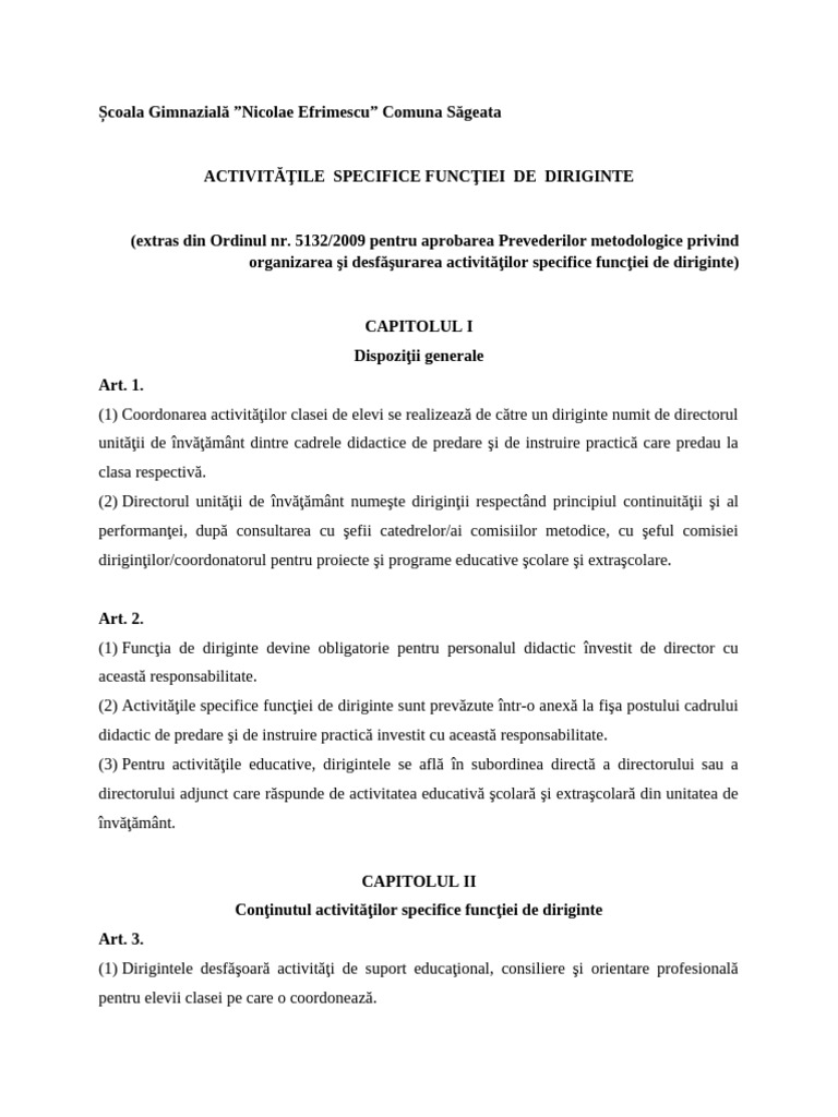 1 Activitatile Specifice Functiei de Diriginte - Extras Din Ordinul NR 51322009 | PDF