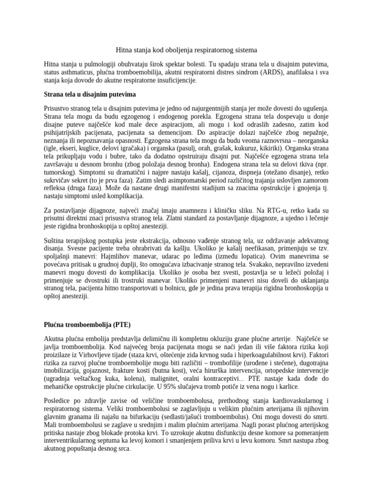 Hitna Stanja Kod Bolesti Respiratornog Sistema | PDF