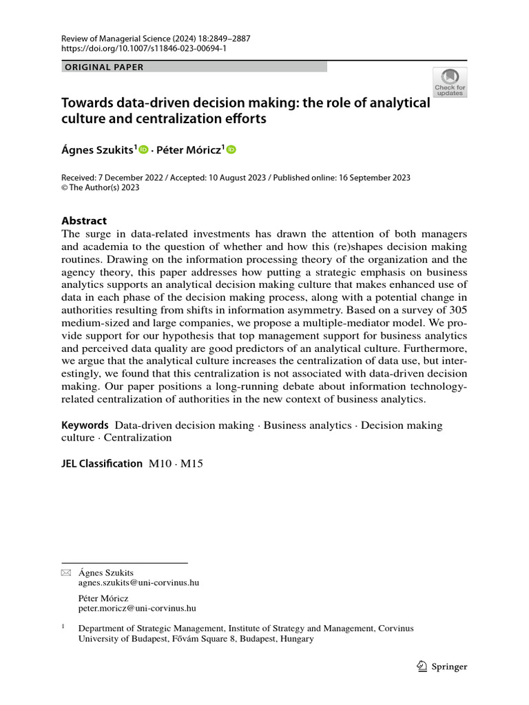 Towards Data-Driven Decision Making: The Role of Analytical Culture and Centralization Efforts | PDF