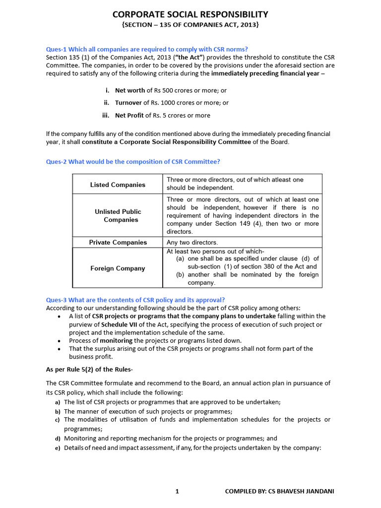 (Section - 135 of Companies Act, 2013) : Ques-1 Which All Companies Are ...