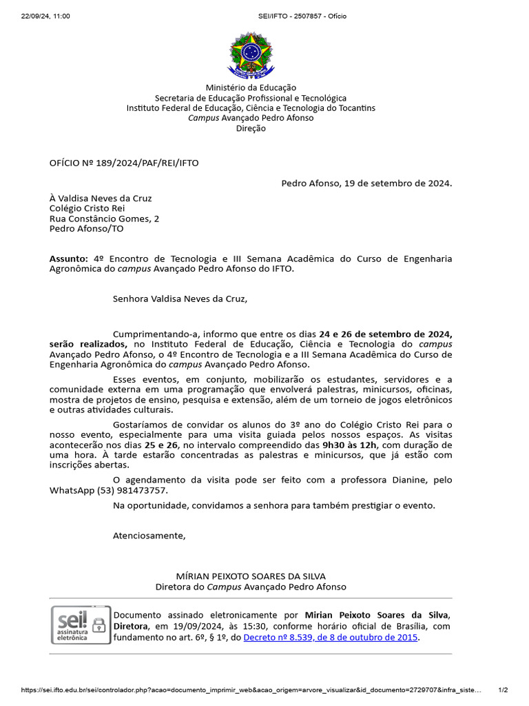 SEI - IFTO - 2507857 - Ofício Valdisa | PDF
