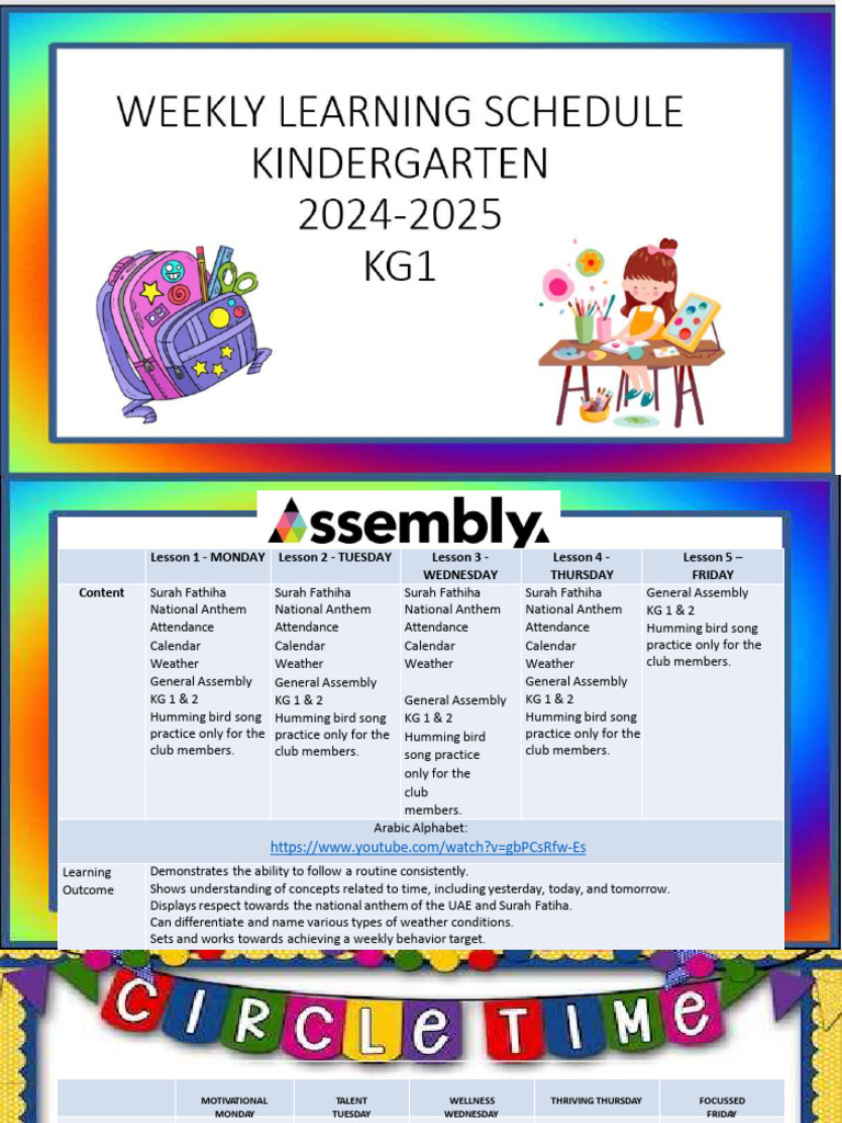 Weekly Learning Schedule - September Kg1 4th Week 2024 | PDF | Phonics