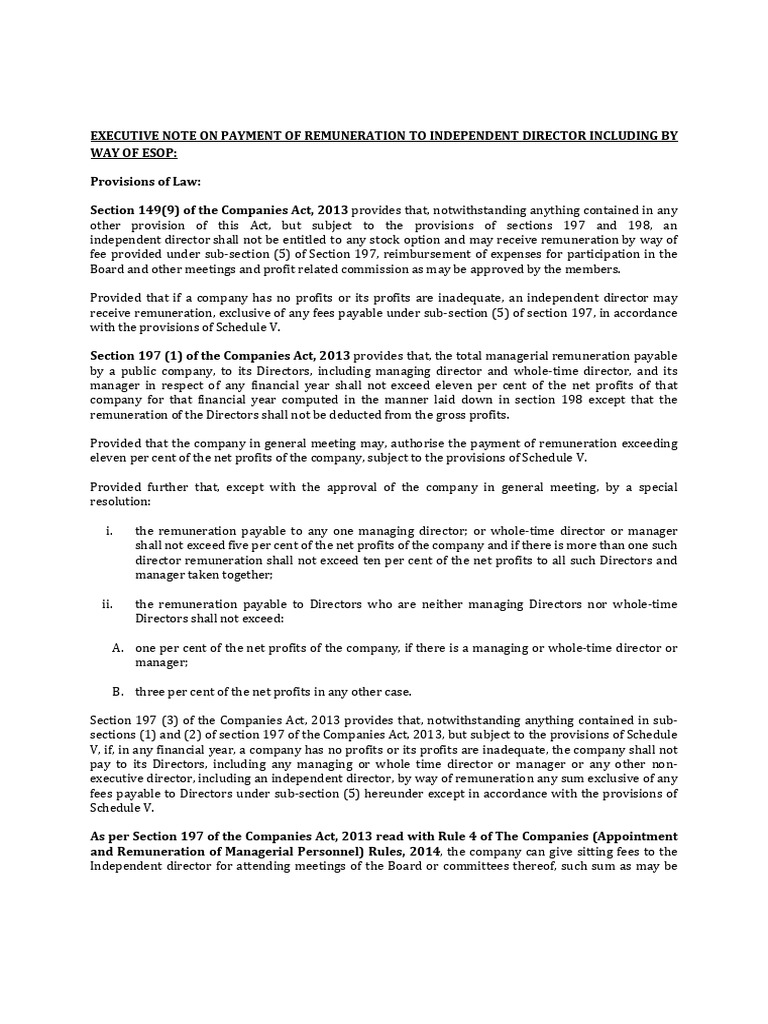 Executive Note On Payment of Remuneration To ID | PDF