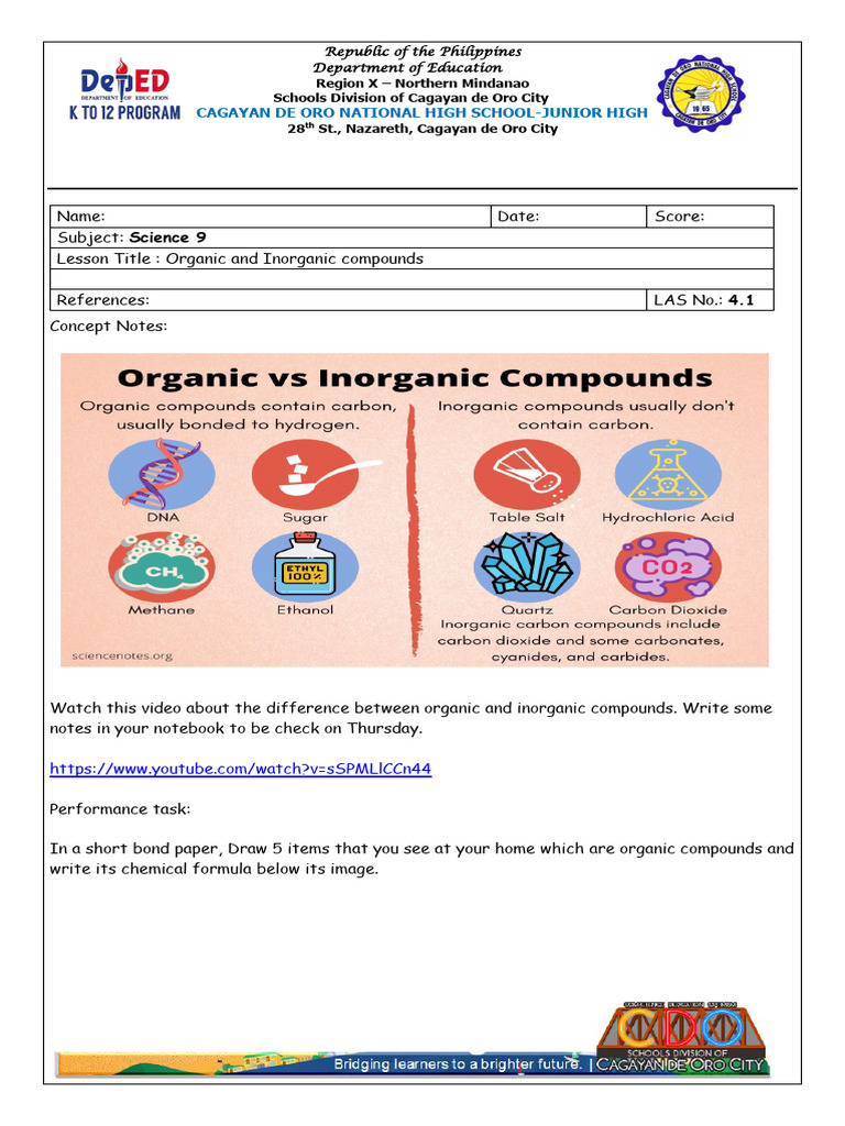 LAS 4.1 Organic Compounds vs. Inorganic Compounds | PDF